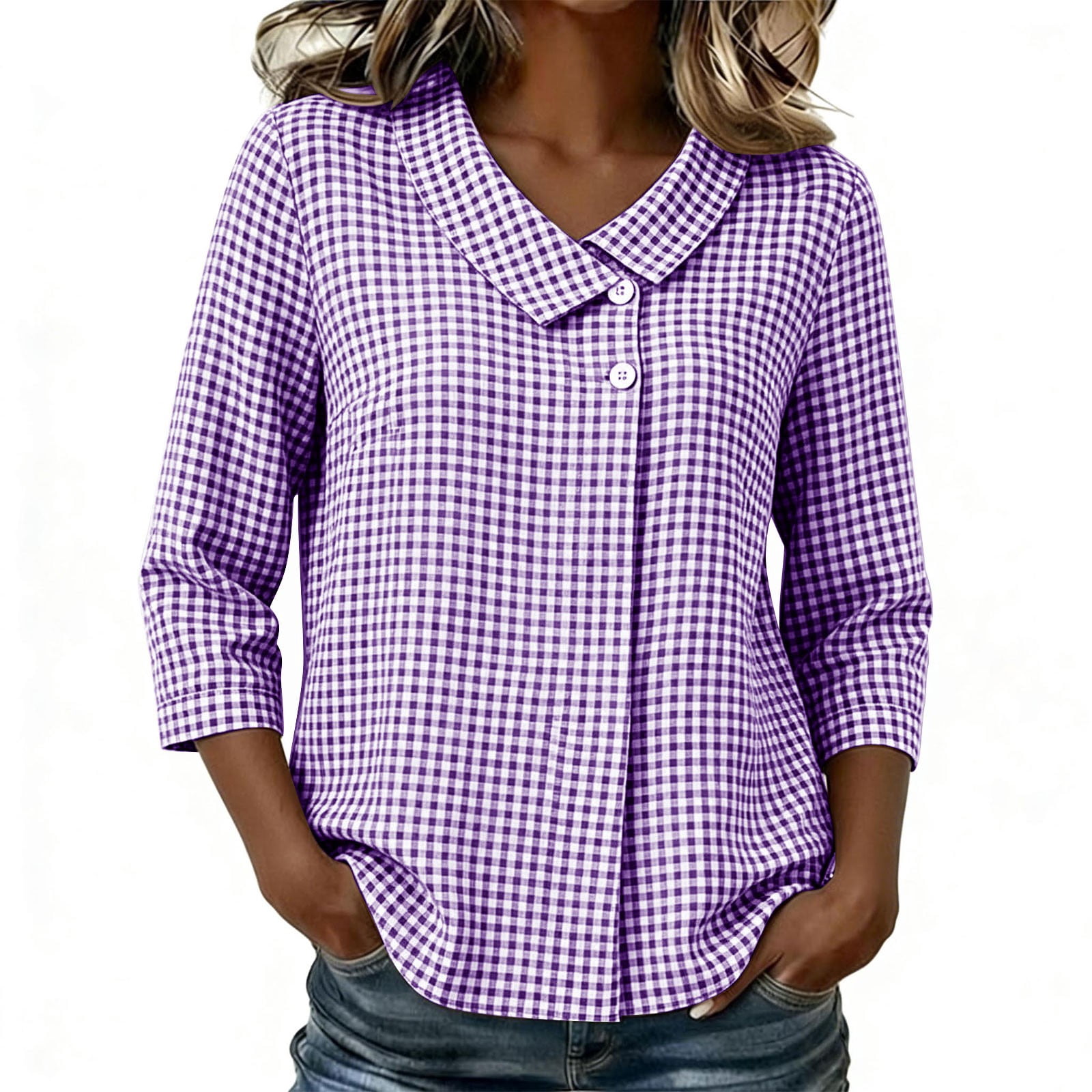 Basic Tops for Women New Plaid 3/4 Sleeve Tops for Women Lapel Front ...