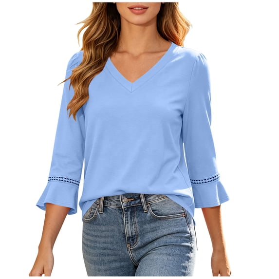 Basic Tops for Women New Women’s Ruffle 3/4 Sleeve Tops, Relaxed Fits V ...