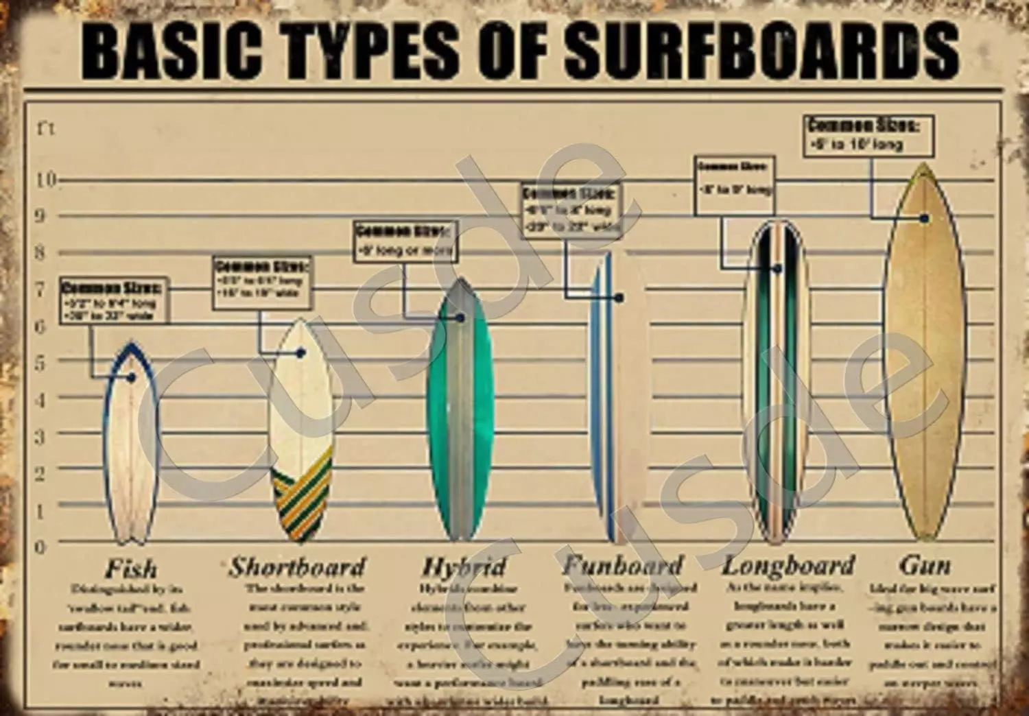 Basic Types of Surfboards Surfing Metal Tin Sign Print Wall Art ...
