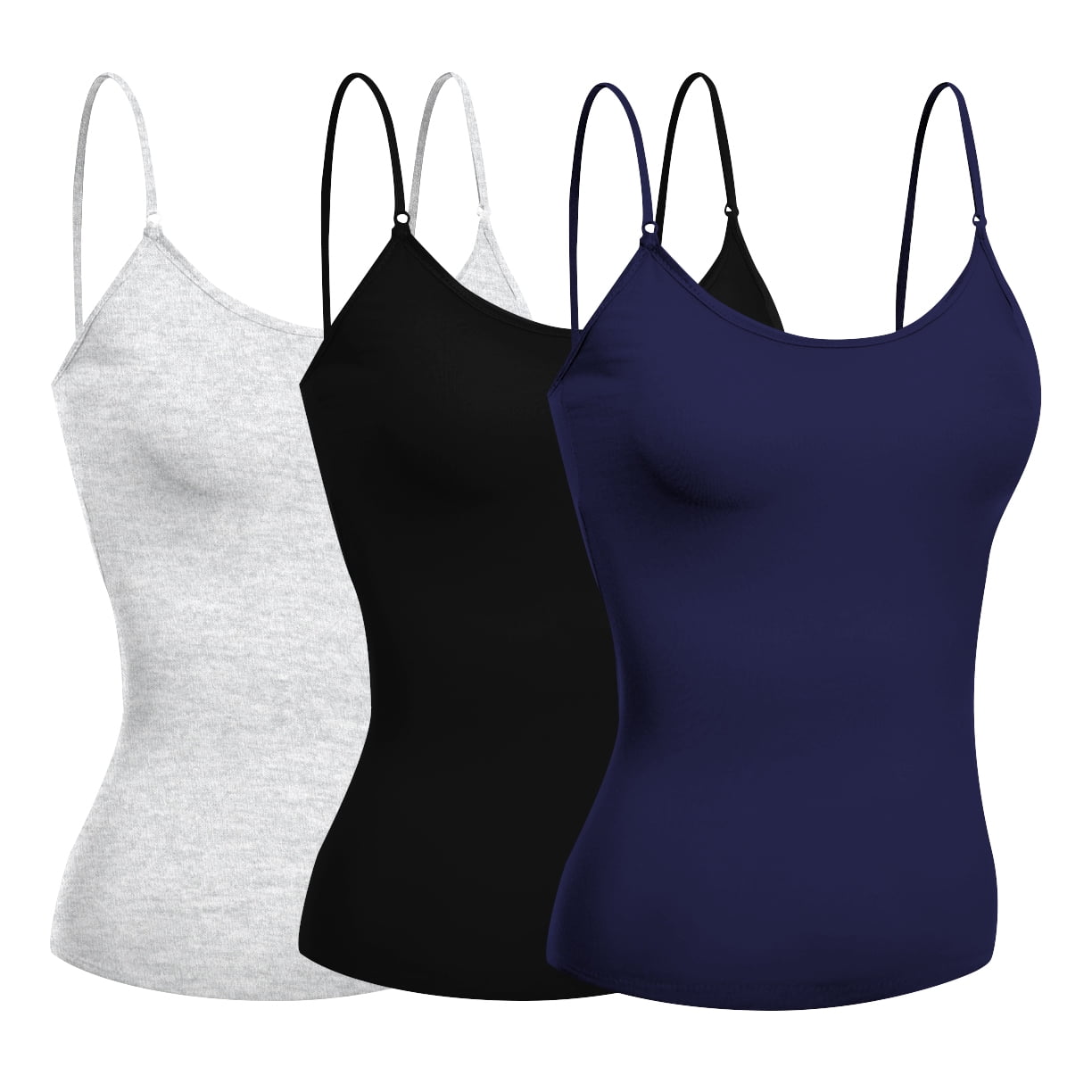 Basic Women Short Cami Built-In Shelf Bra - 3 Pk - Black, Navy, H Gray ...