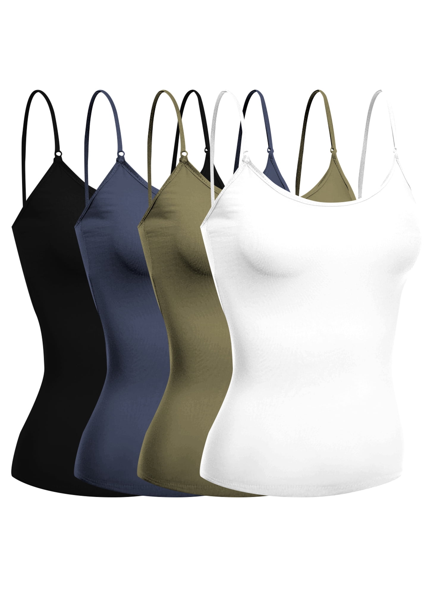 Basic Women Short Cami Built-In Shelf Bra - 4 Pk - Blk, Wht, Dnm Blu ...