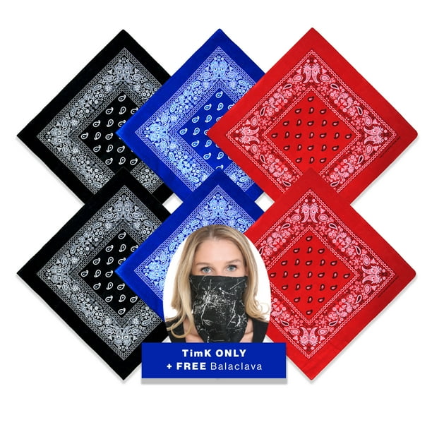 Basico 100% Cotton Head Wrap Bandanas 6 Pack with Tube Face Mask ...