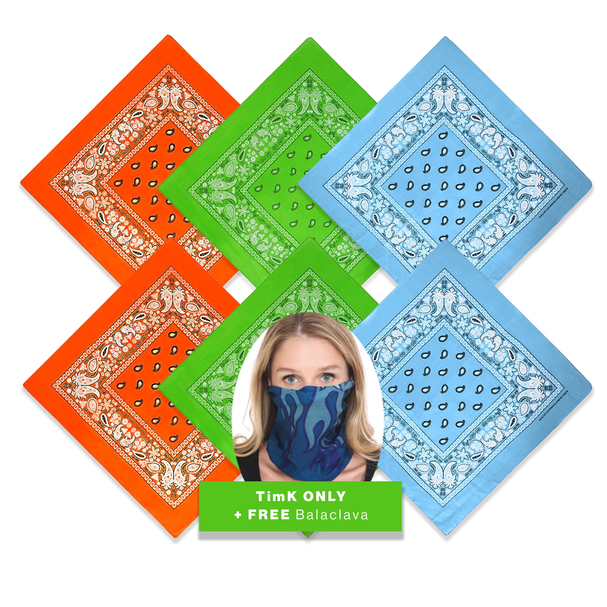 Basico 100% Cotton Head Wrap Bandanas 6 Pack with Tube Face Mask ...