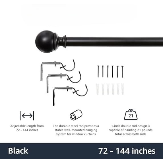 Basics Adjustable Curtain Rods for Windows, Round Finials, 1-Inch Rod ...