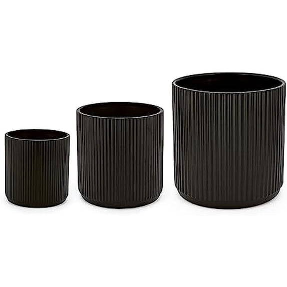 Basics Fluted Ceramic Round Planters with Drainage Hole, Indoor Outdoor ...