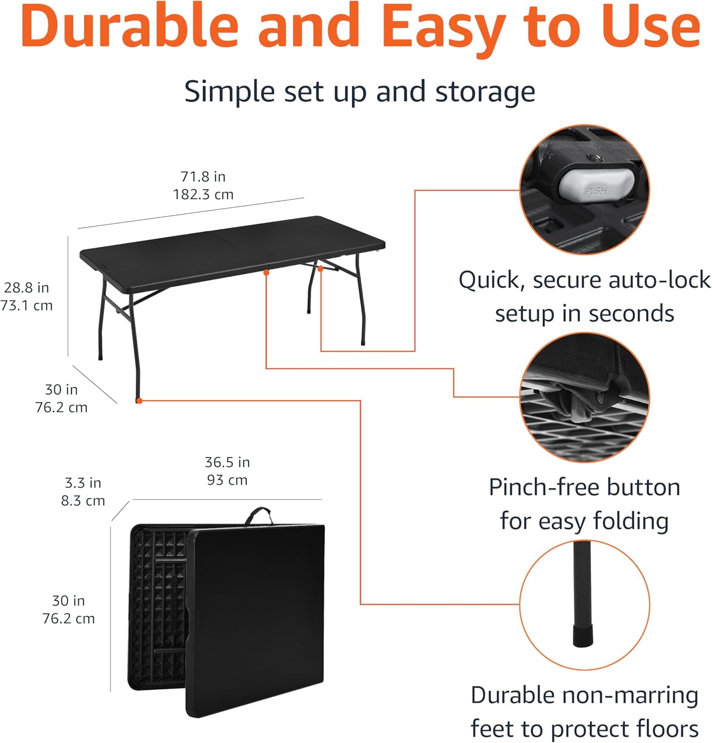 Basics Heavy Duty Folding Table 6 ft Black, Carrying Handle | Essential ...