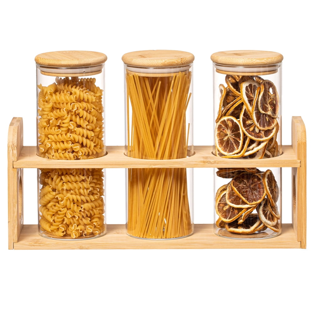 Basicwise 3 Pcs 30oz Glass Jars with Bamboo Shelf for Storing Ground ...