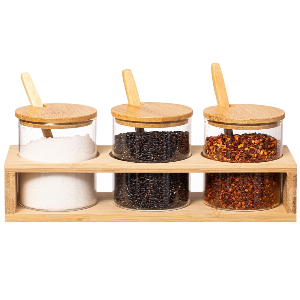 Basicwise 3-Piece Glass Containers with Bamboo Lids and Tray Holder ...