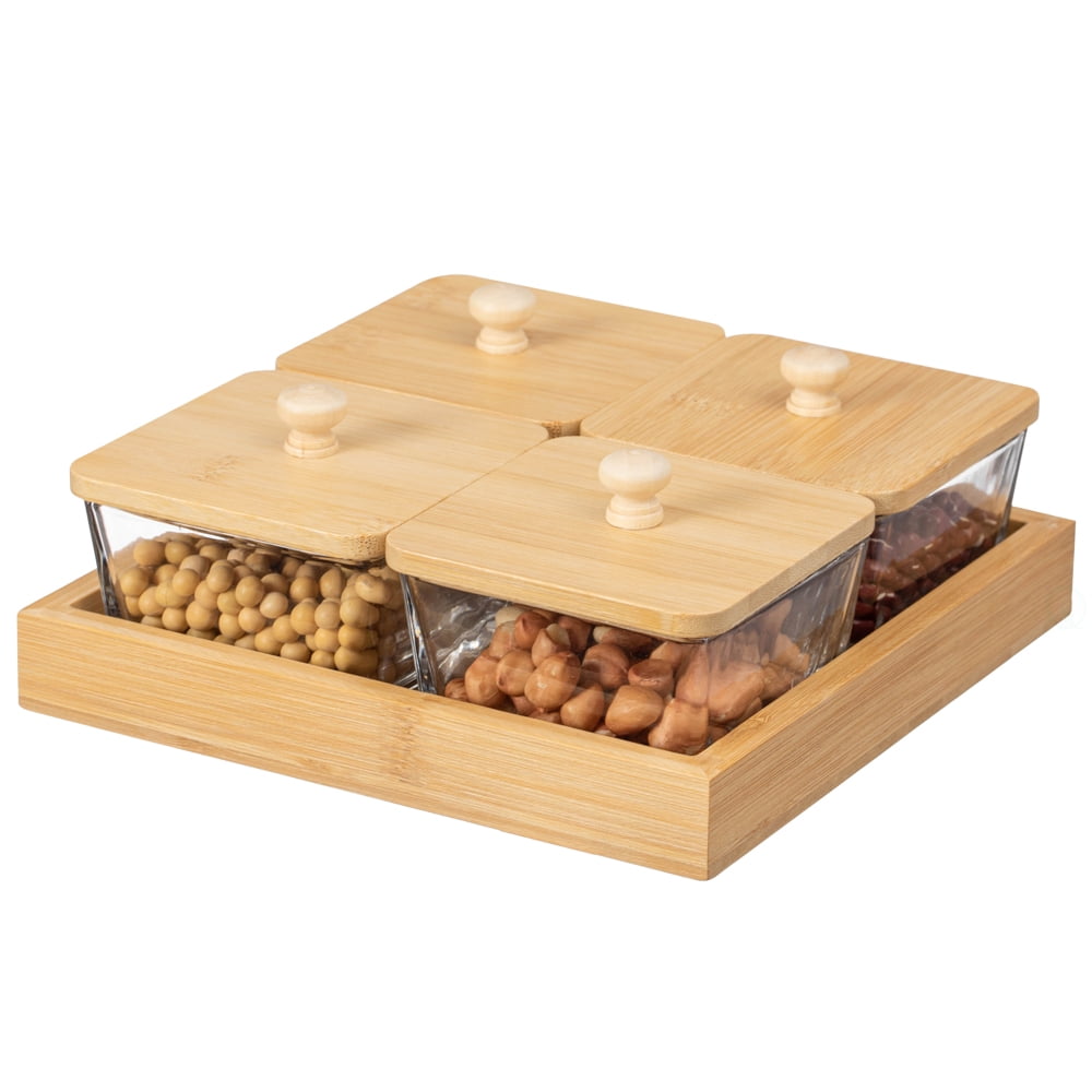 Basicwise Set of 4 Square Glass Jars with Bamboo Lids and Wooden Tray ...