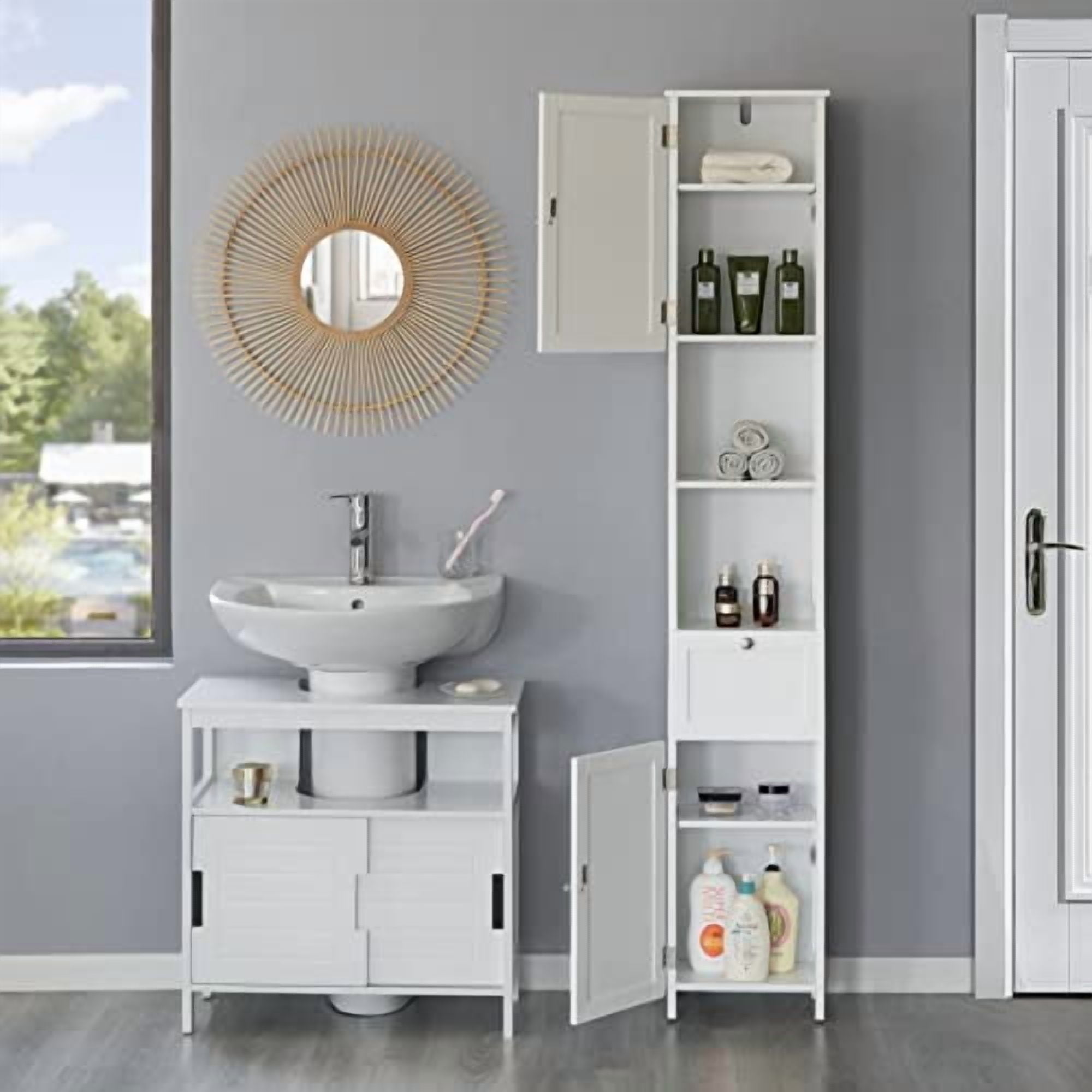 Basicwise White Tall Standing Linen Tower Storage Cabinet for Bathroom ...