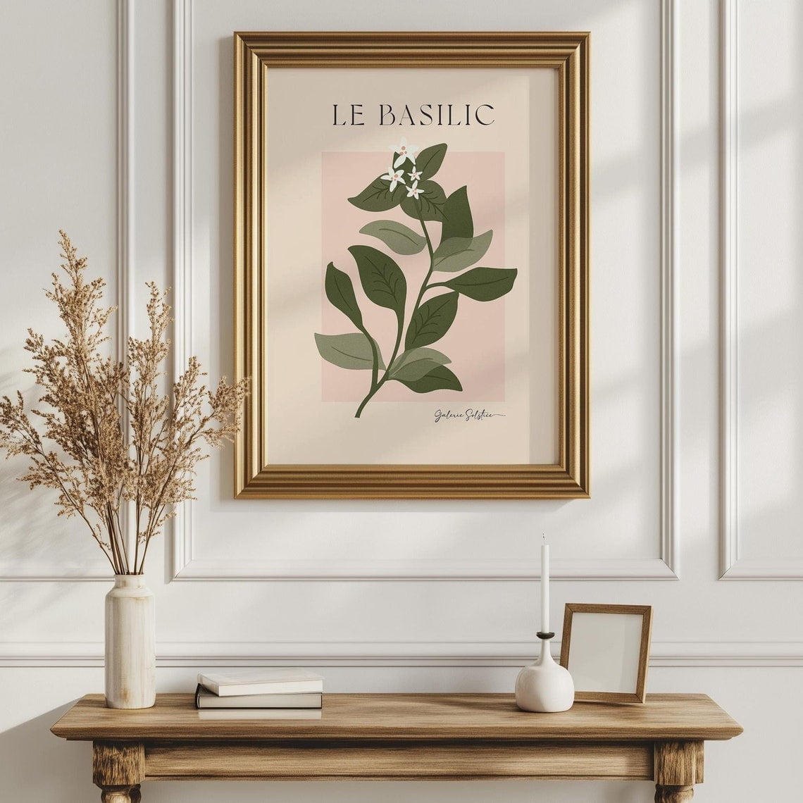 Basil Print Herbs Wall Art, French Kitchen Decor Green & Pink Botanical ...