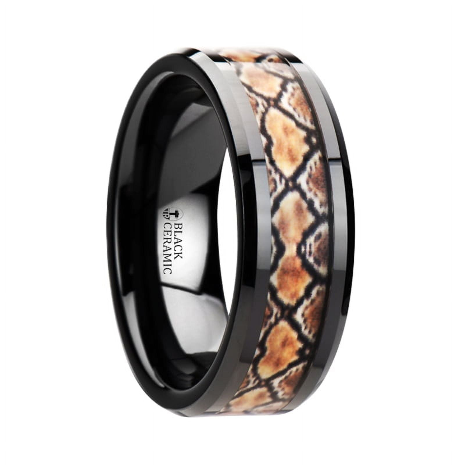 Basilisk Black Ceramic Wedding Ring With Boa Snake Skin Design Inlay ...