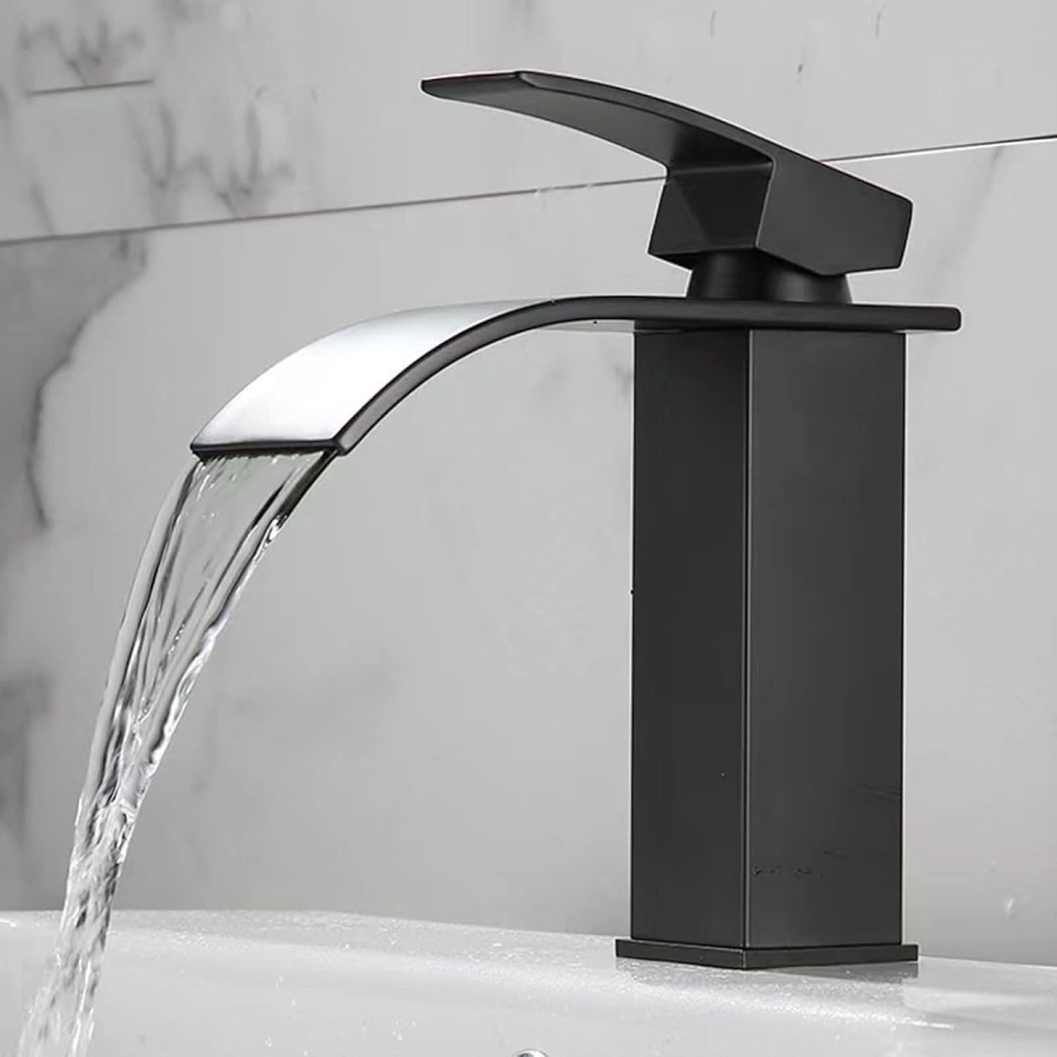 Basin Faucet Waterfall Black, Stainless Steel Bathroom Faucet, Hot and ...