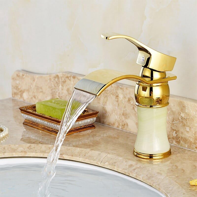Basin Waterfall Faucet Gold Brass Jade Bathroom Mixer Faucet Cold and ...
