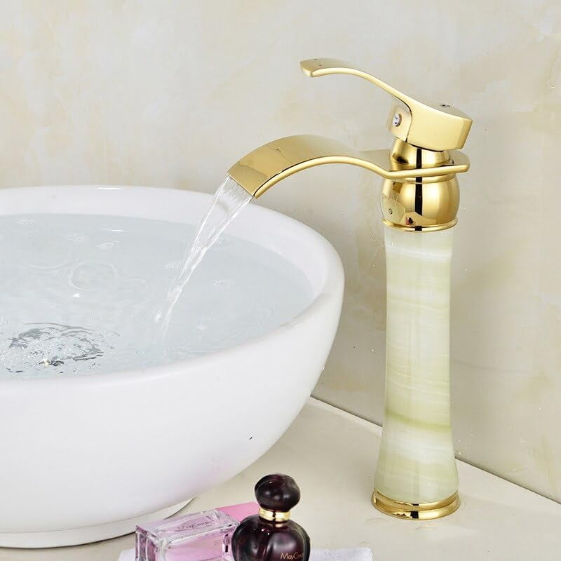 Basin Waterfall Faucet Gold Brass Jade Bathroom Mixer Faucet Cold and ...