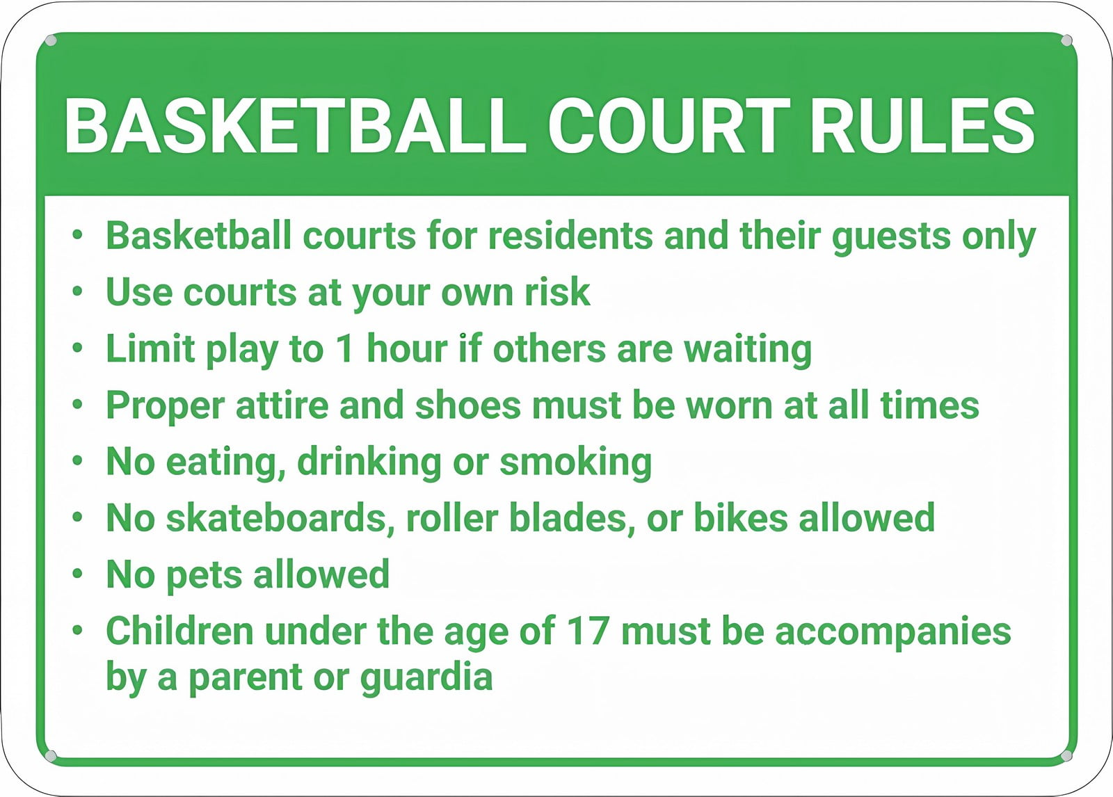 Basket Court Rules Sign 12 x 8 Inches - Rust-Free Aluminum, Pre-Drilled ...