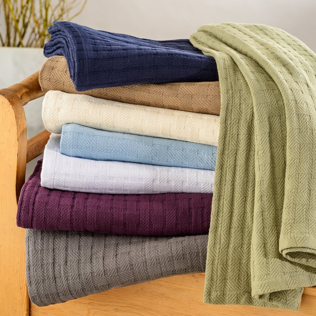Basket Weave All-Season 100% Cotton Thermal Woven Blanket Ivory / Full ...