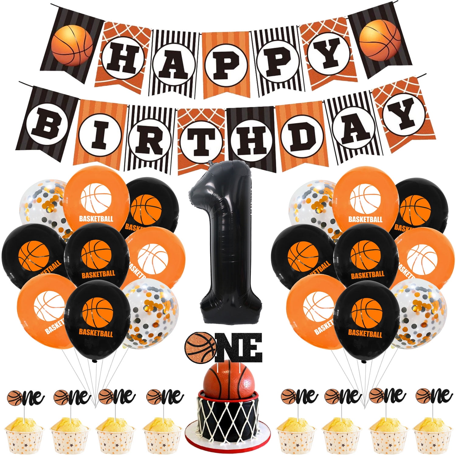 Basketball 1st Birthday Decorations Set, Number 1 Foil Balloon Orange ...