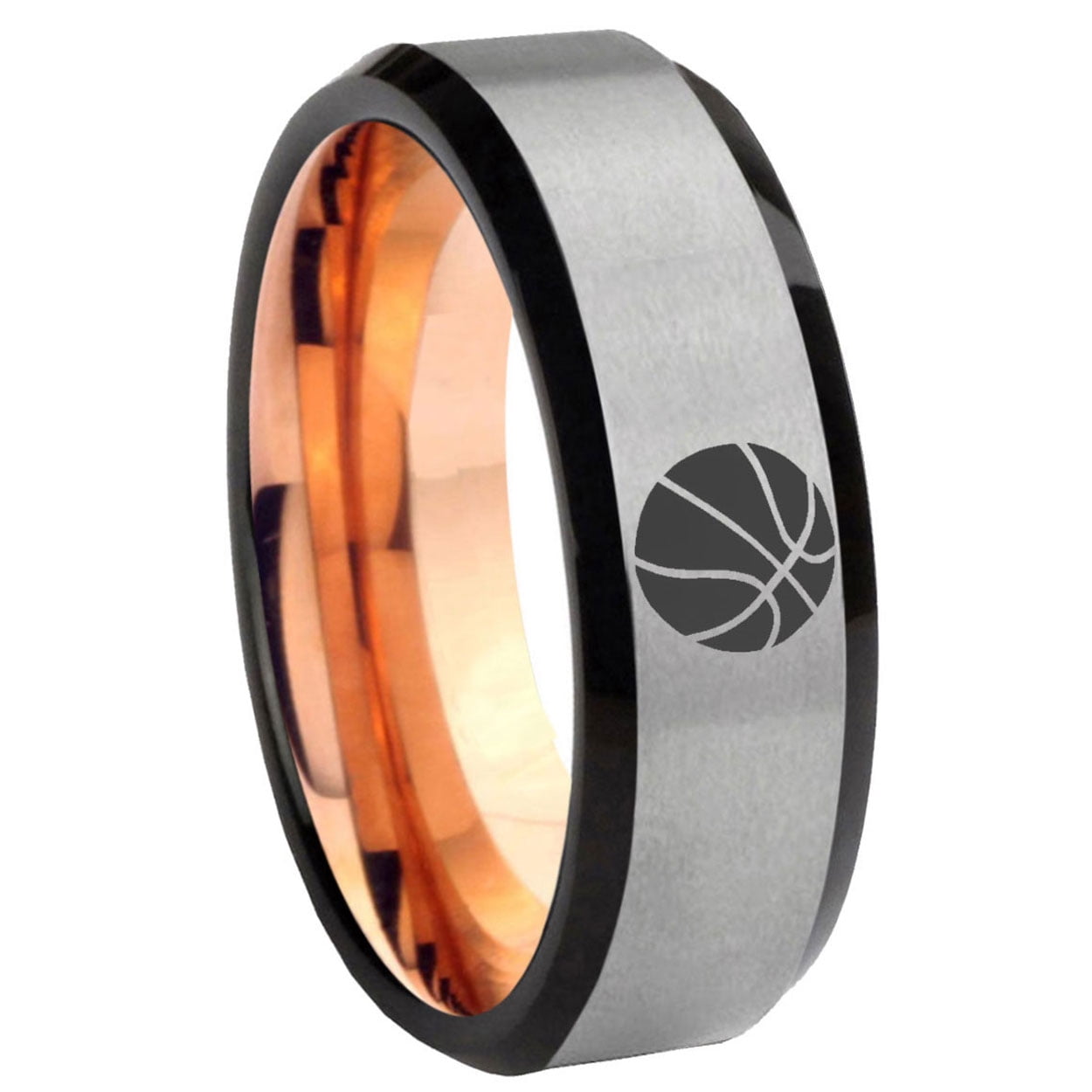 Basketball 8MM Beveled Edge Gray And Rose Gold Tungsten Ring - Walmart.com