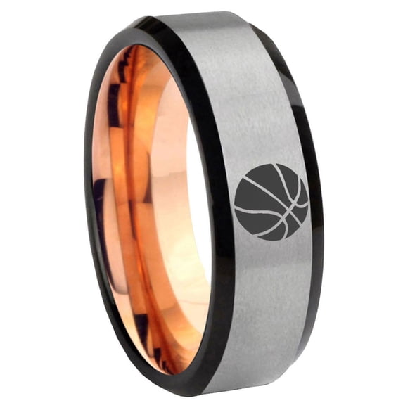 Basketball 8MM Beveled Edge Gray And Rose Gold Tungsten Ring - Walmart.com