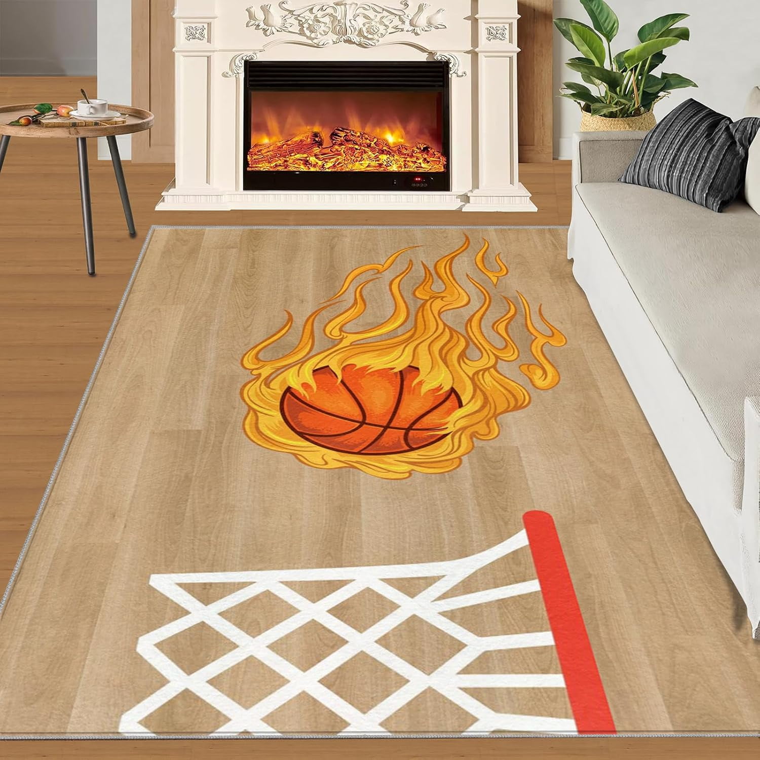 Basketball Area Rug, Basketball with Flame Print Rugs for Living Room ...