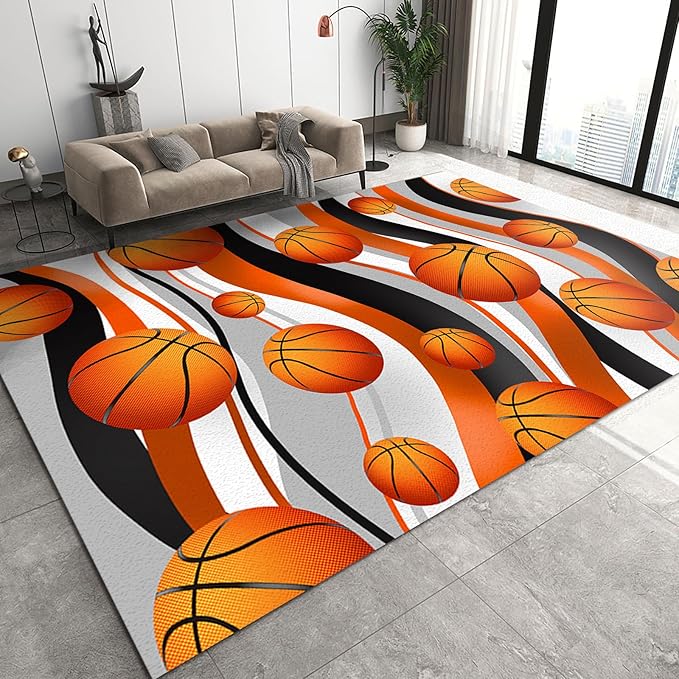 Basketball Art Boy Room Rugs, Modern Orange Black White And Gray Wavy ...