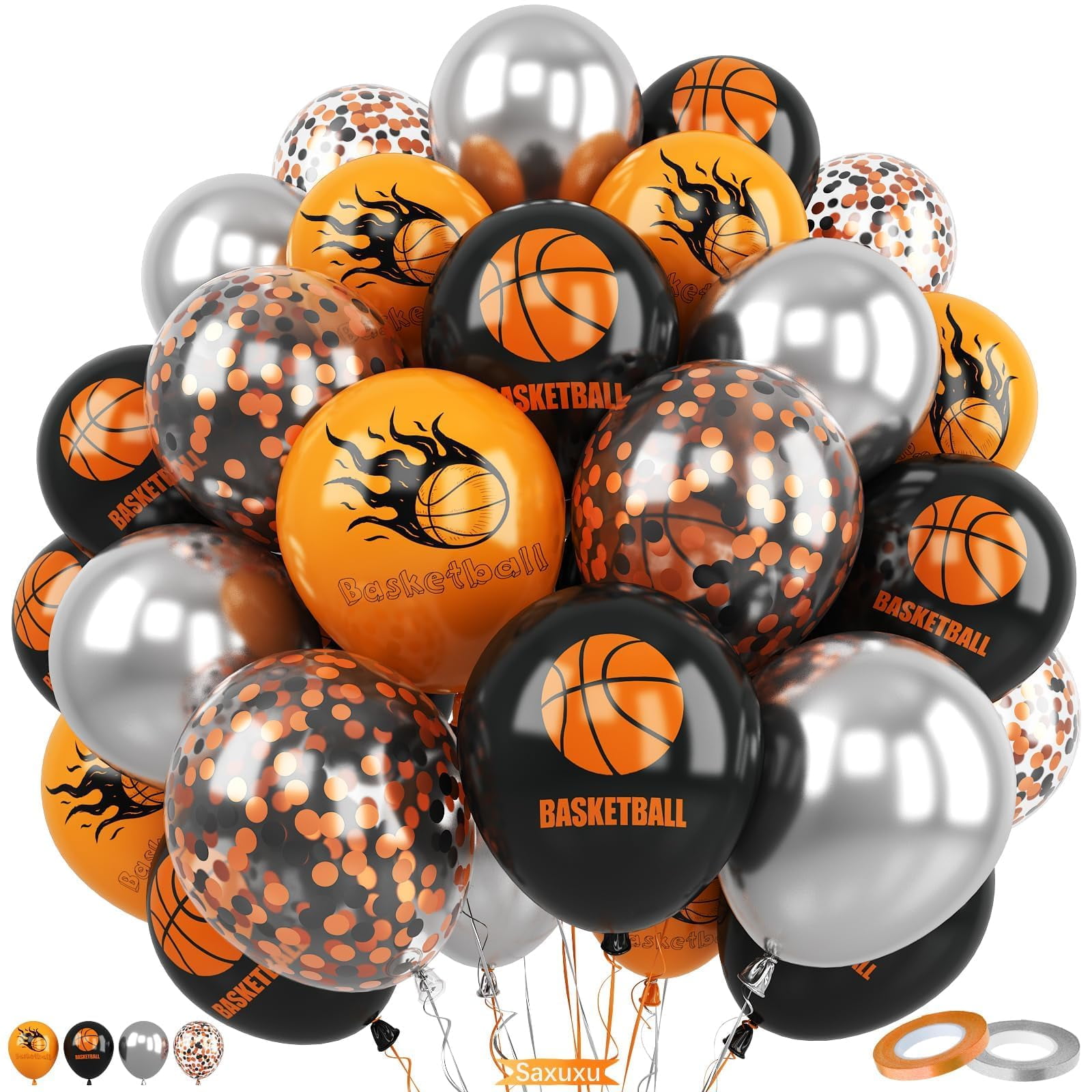 Basketball Balloons, 60Pcs 12 Inch Black KKS1 Orange Metallic Silver ...