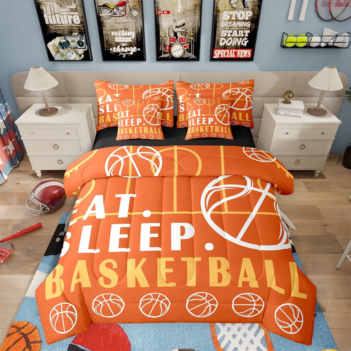 Basketball Bed in a Bag Queen Sport Game Ball Theme Comforter Set with Sheets Basketball Room ...
