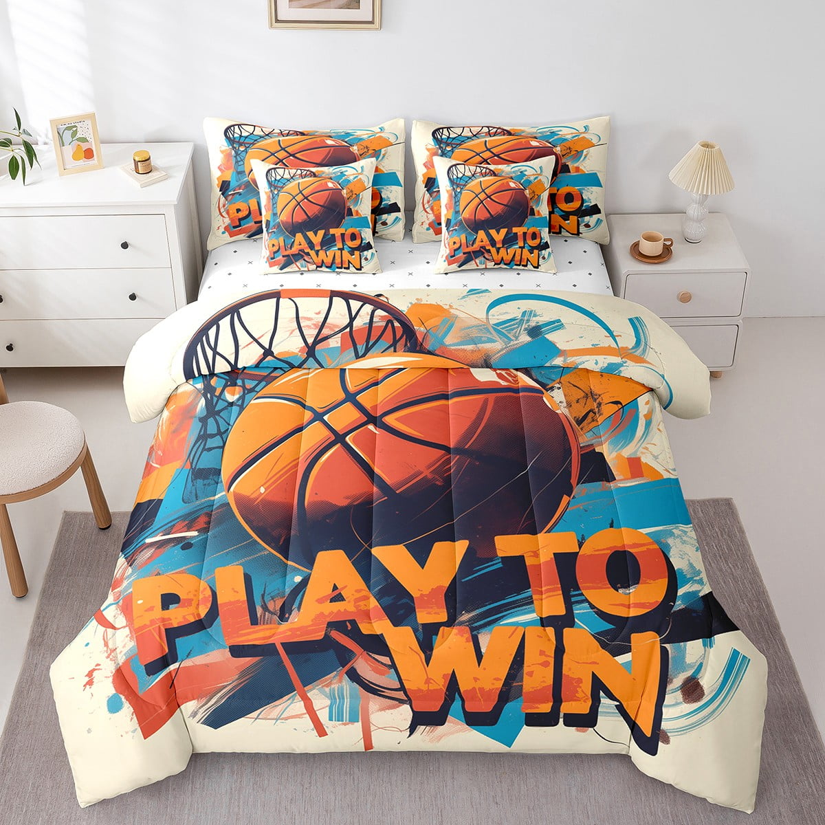 Basketball Bed in a Bag Sports Themed Comforter Set with Sheets 7 Piece Teen Basketball Game ...