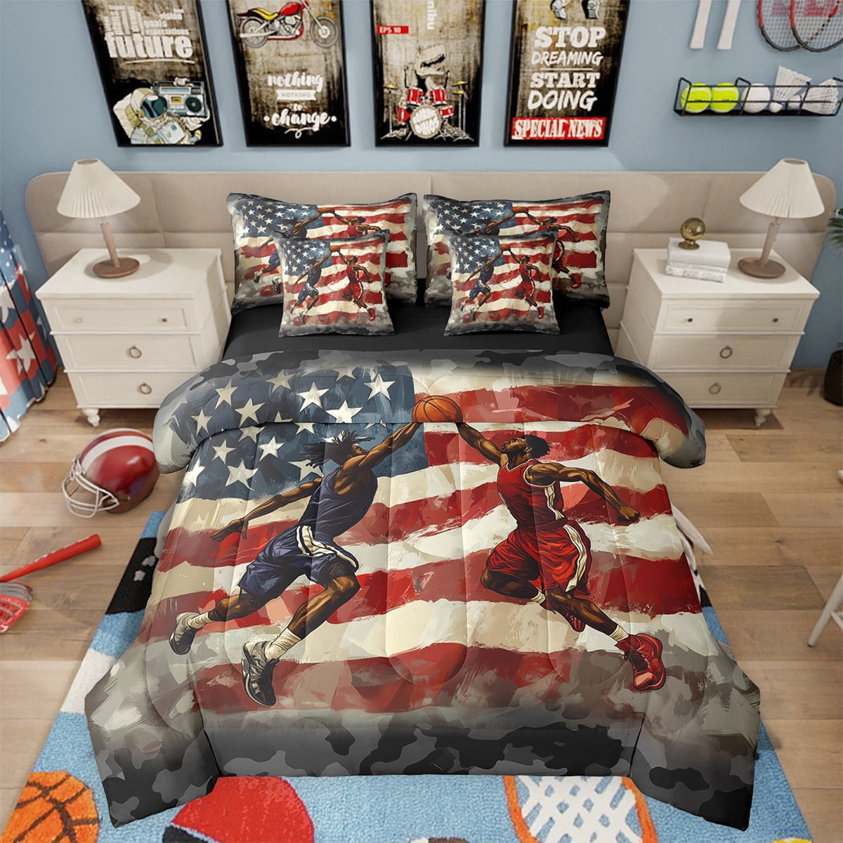Basketball Bed in a Bag Twin 7 Piece Sports Bedding Sets Teen American Flag Comforter Set with ...