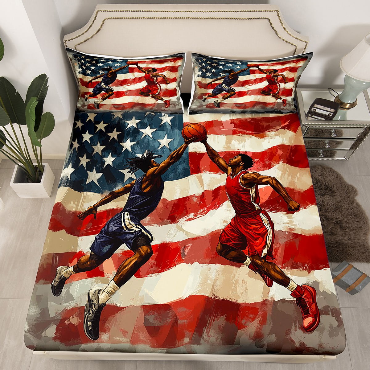 Basketball Bed Sheets Full Sports Fitted Sheet Teen American Flag Bed Set Sports Game Themed ...