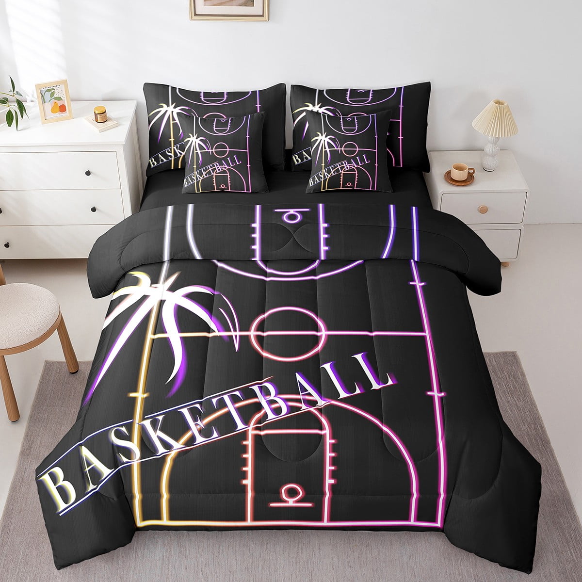 Basketball Bedding Comforter Sets 7pcs Sport Bed in a Bag for Boys Room, Rainbow Neon Light Twin ...