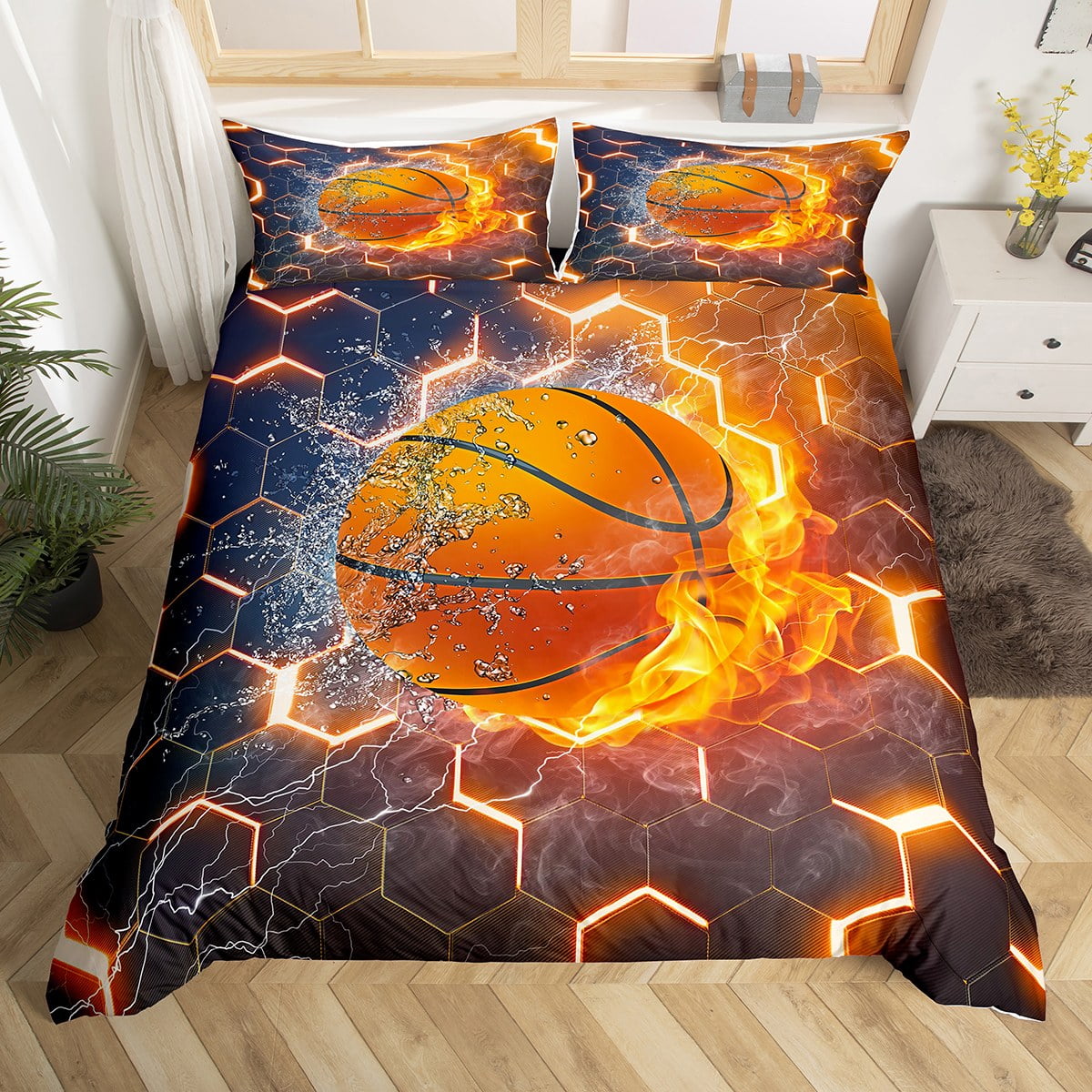 Basketball Bedding Set , Neon Honeycomb Comforter Cover Queen, Sports ...