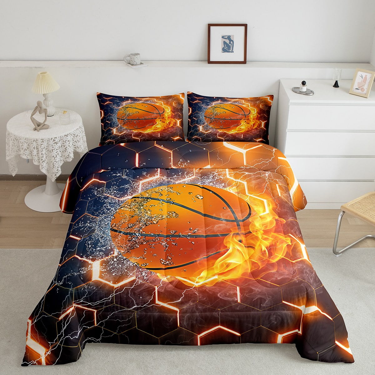 Basketball Bedding Set , Neon Honeycomb Comforter Set Queen Size Sports ...