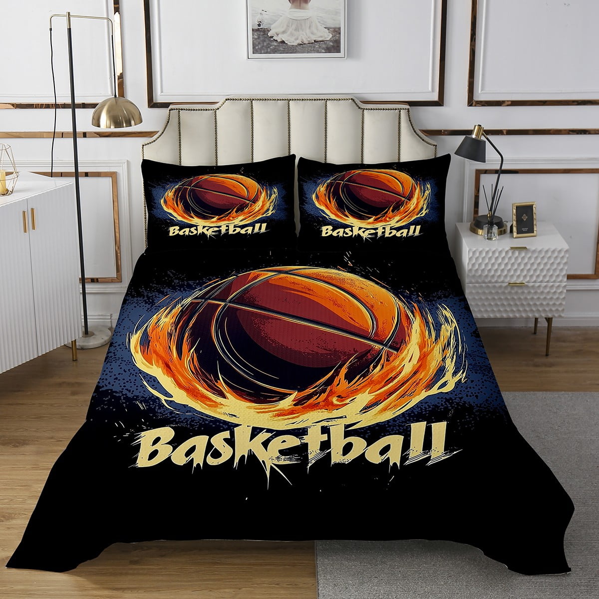 Basketball Bedspread Queen Size Sports Quilt Set Teen Ball Game Decor ...