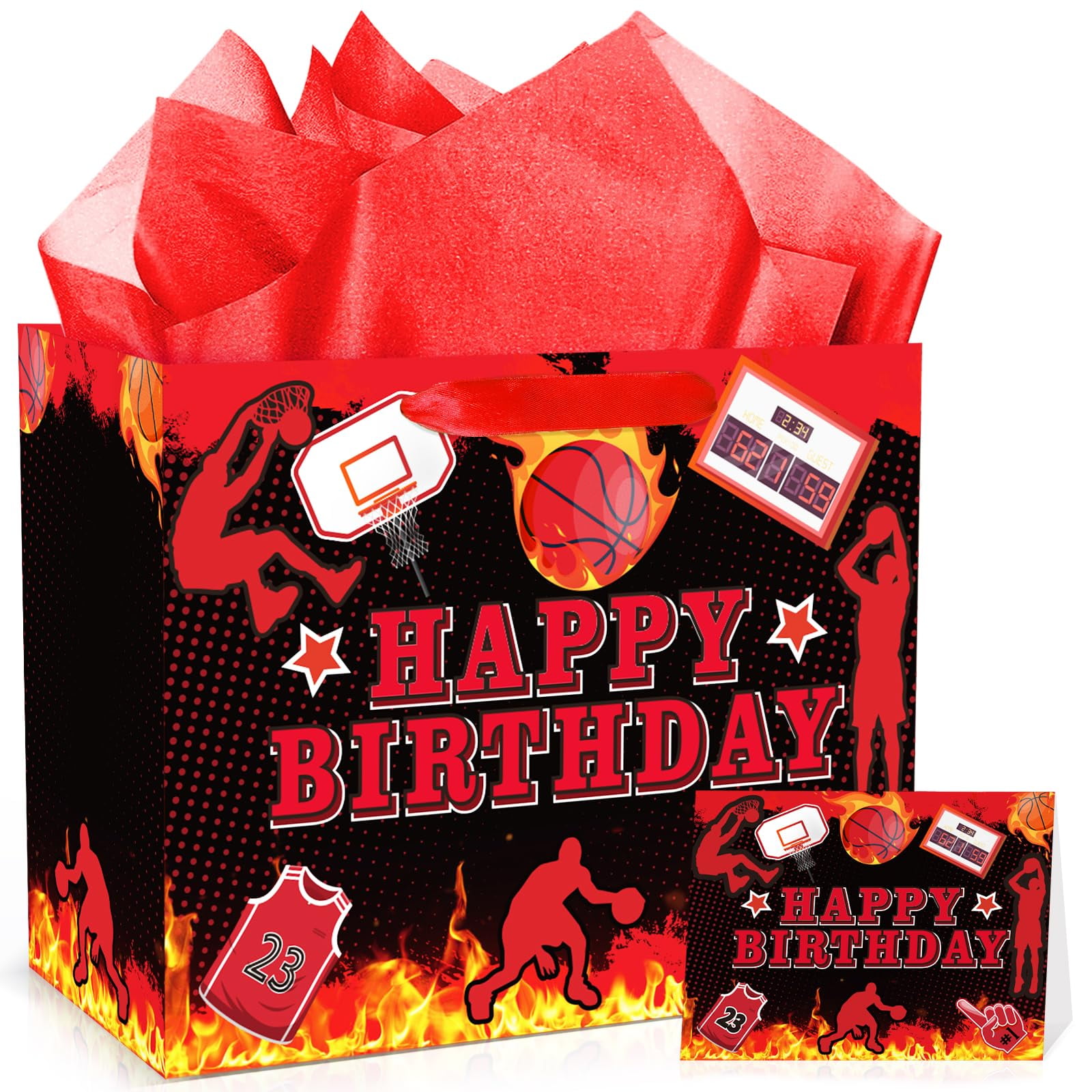 Basketball Birthday Gift Bag for Boys Kids Teens, Black Red Basketball ...