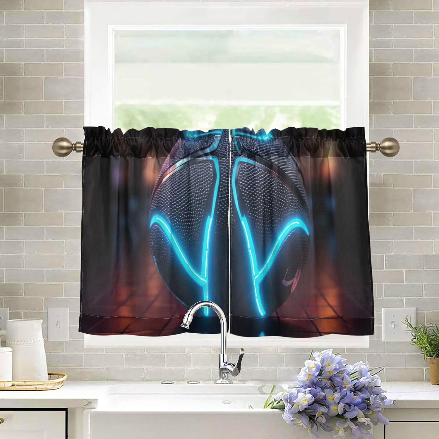 Basketball with Blue Light Half Window Tier Curtains 36 Inch Blackout ...