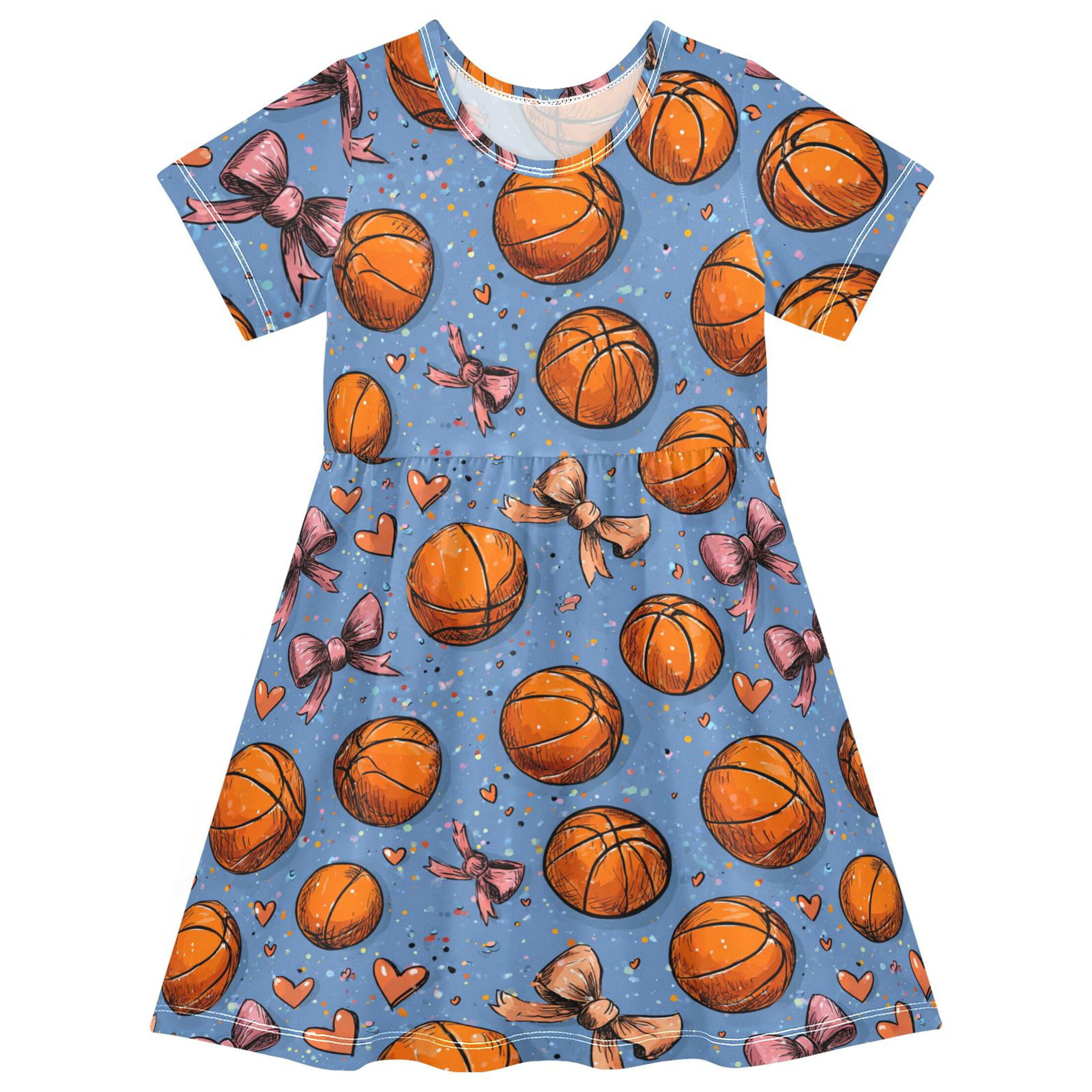 Basketball Bow Short Sleeve Dress A-Line Cute Midi Casual Sundress 2-8 ...