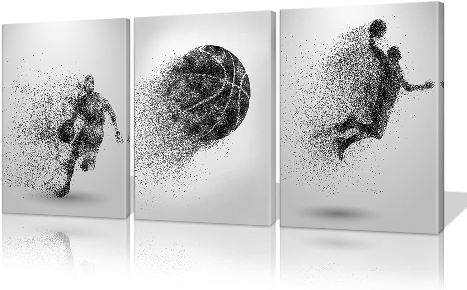 Basketball Canvas Wall Art - Black and White Sports Poster - Particle Silhouette - Set of 3 ...