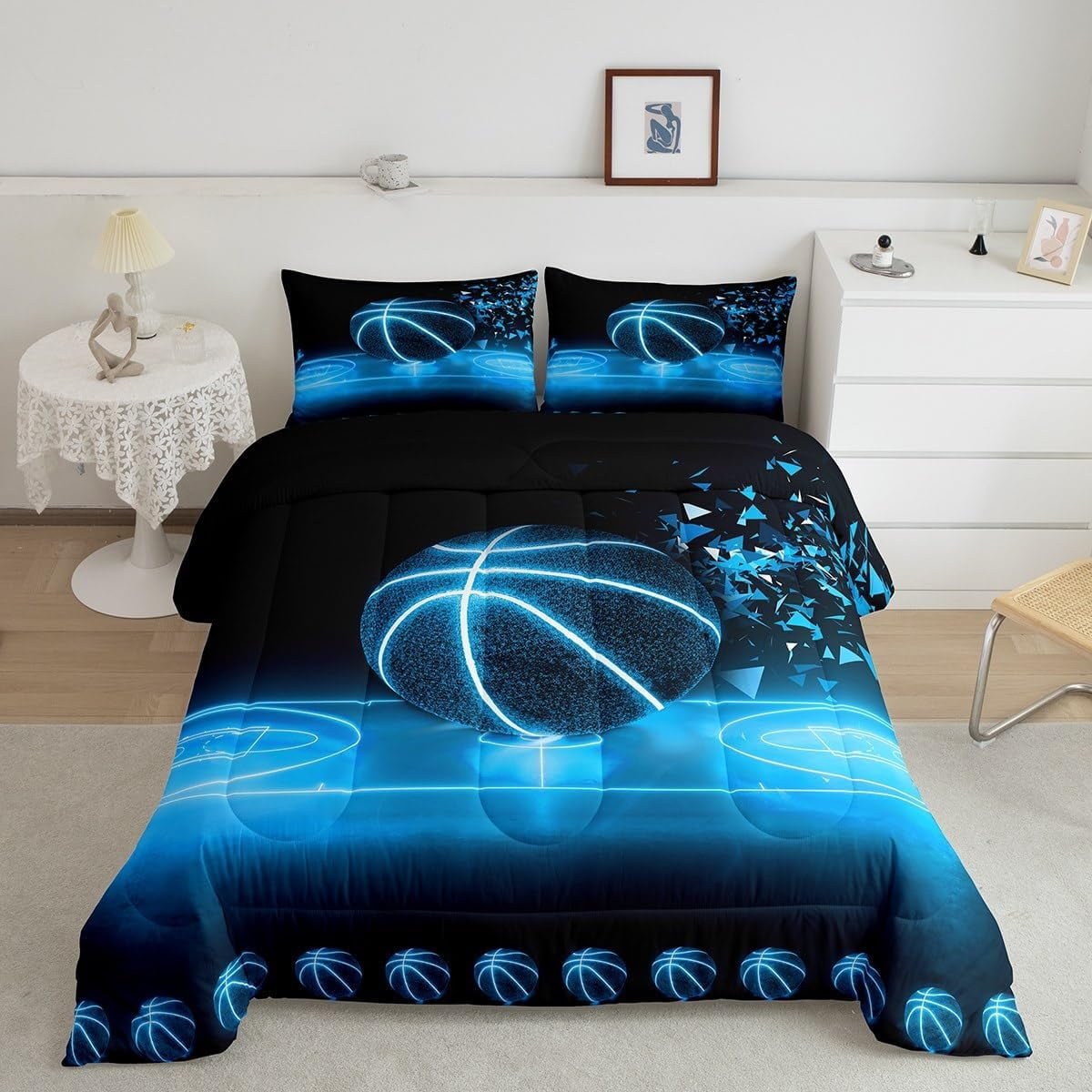 Basketball Comforter Set Queen Size Neon Sport Bedding Set for Kids Boys Girls Teens Gold Black ...