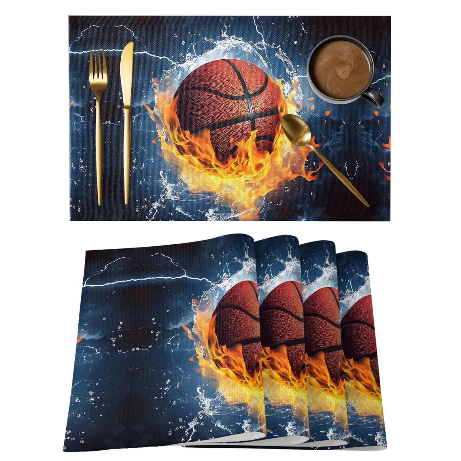 Basketball Cotton Linen Placemats Set of 1, Fire and Water Lightning ...