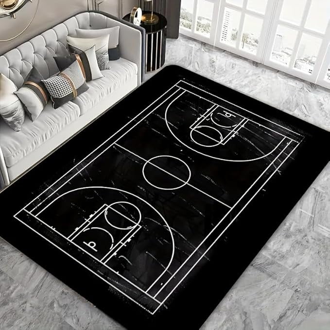Basketball Court Area Rugs, Black Sports Court Living Room Rug, Soft ...