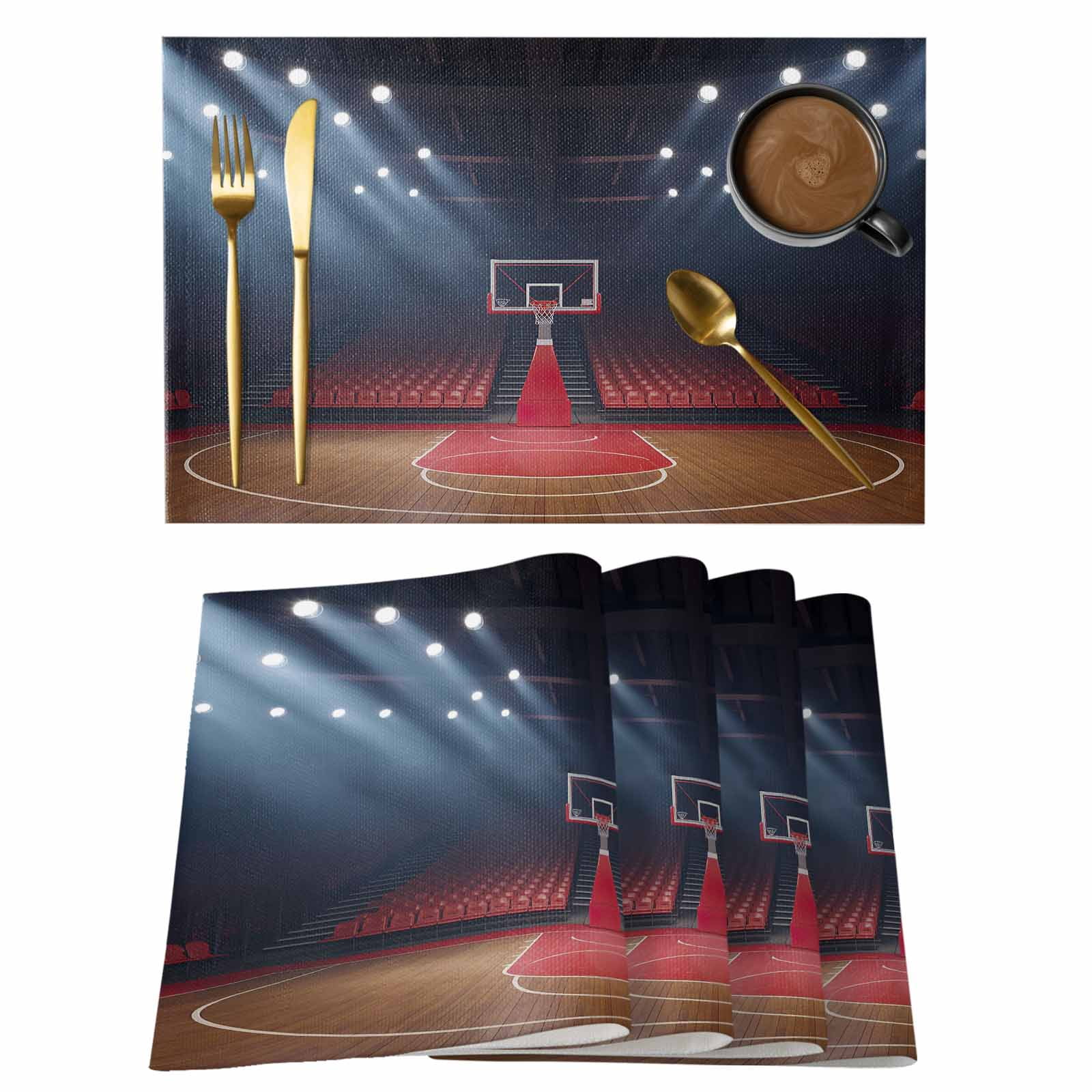 Basketball Court Placemats Set of 8, Indoor Sports Field Scene Modern ...