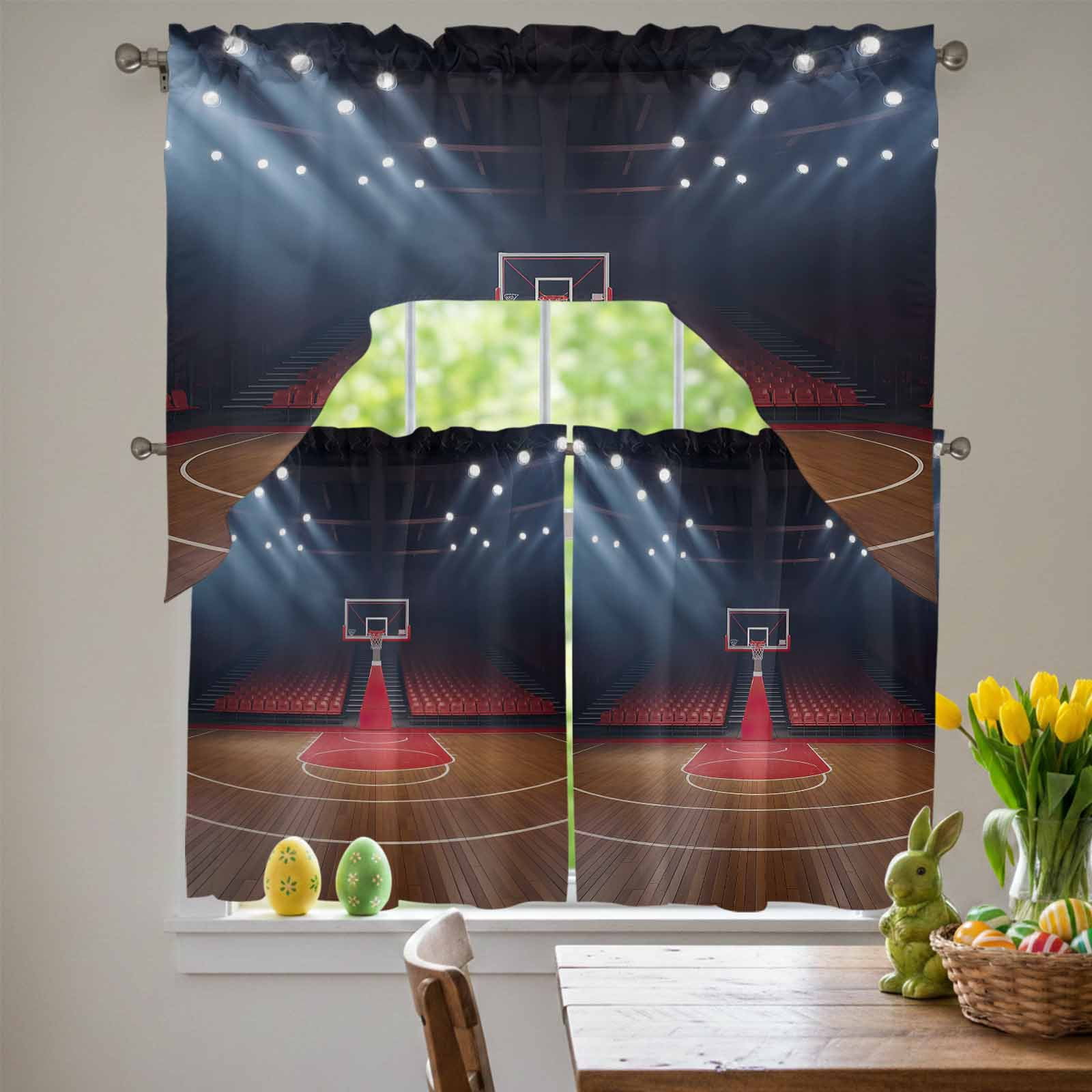 Basketball Court Swag Curtains Valance & Tier Set, Indoor Gym Scene ...