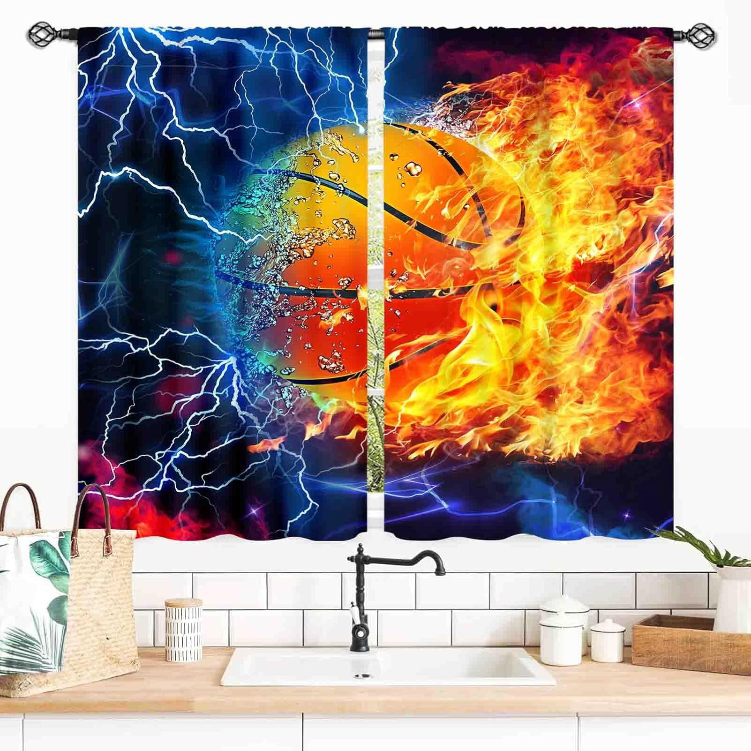 Basketball Curtains for Boys Bedroom, Sports Ball Game Fire Flash Cool ...