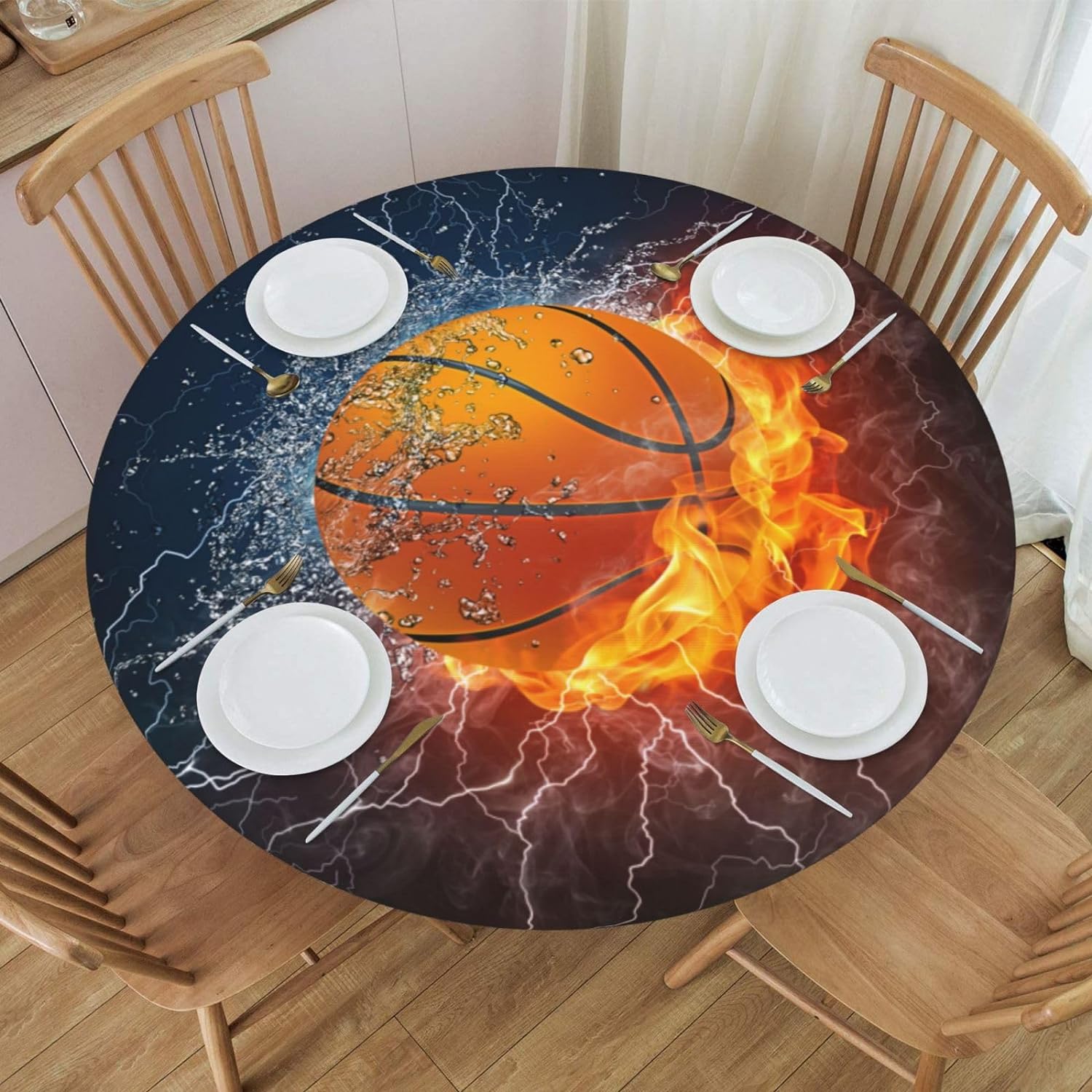 Basketball in Fire and WaterTablecloth with Elastic Edge, Round Table ...