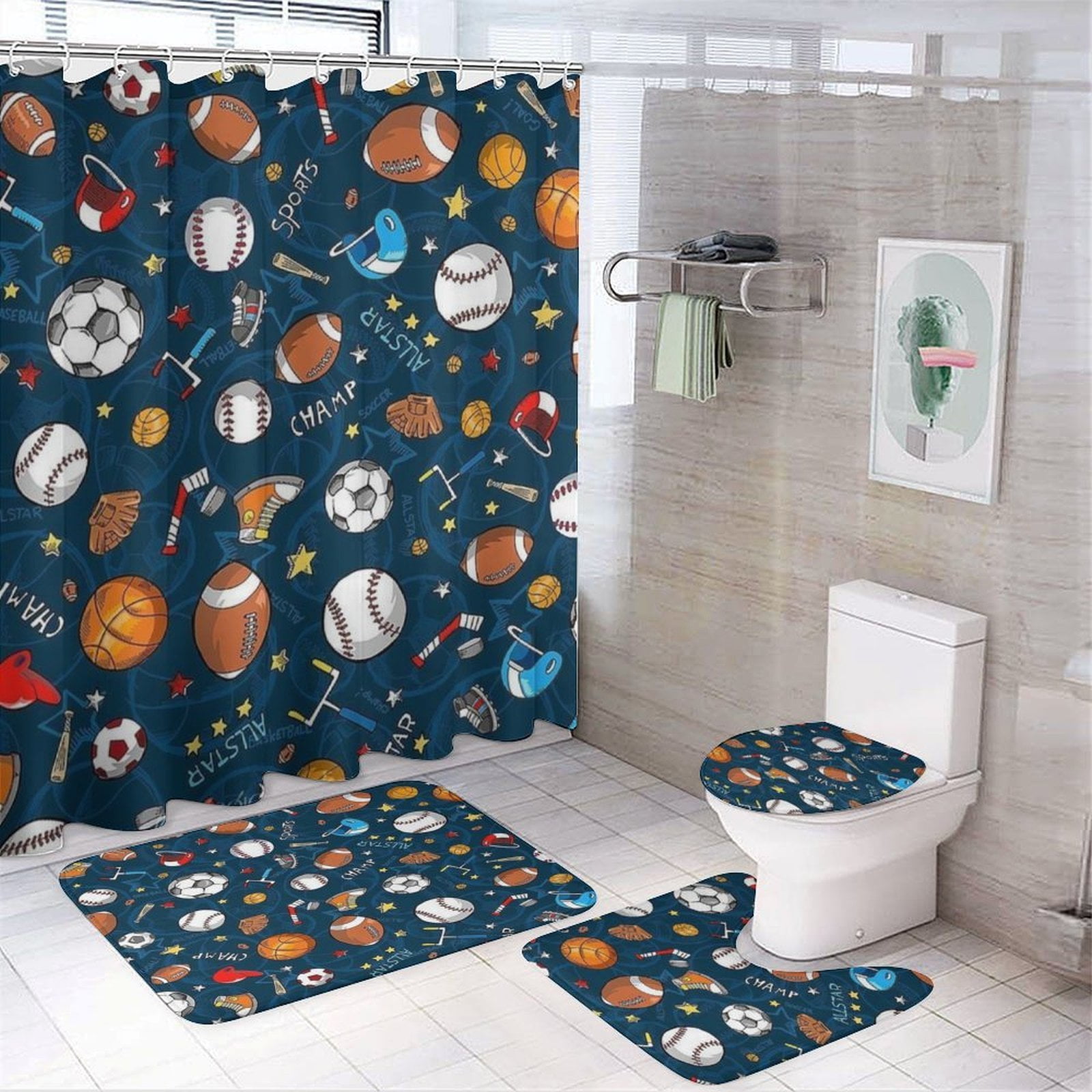 Basketball Football Shower Curtain Waterproof Bathroom Curtain Set with ...