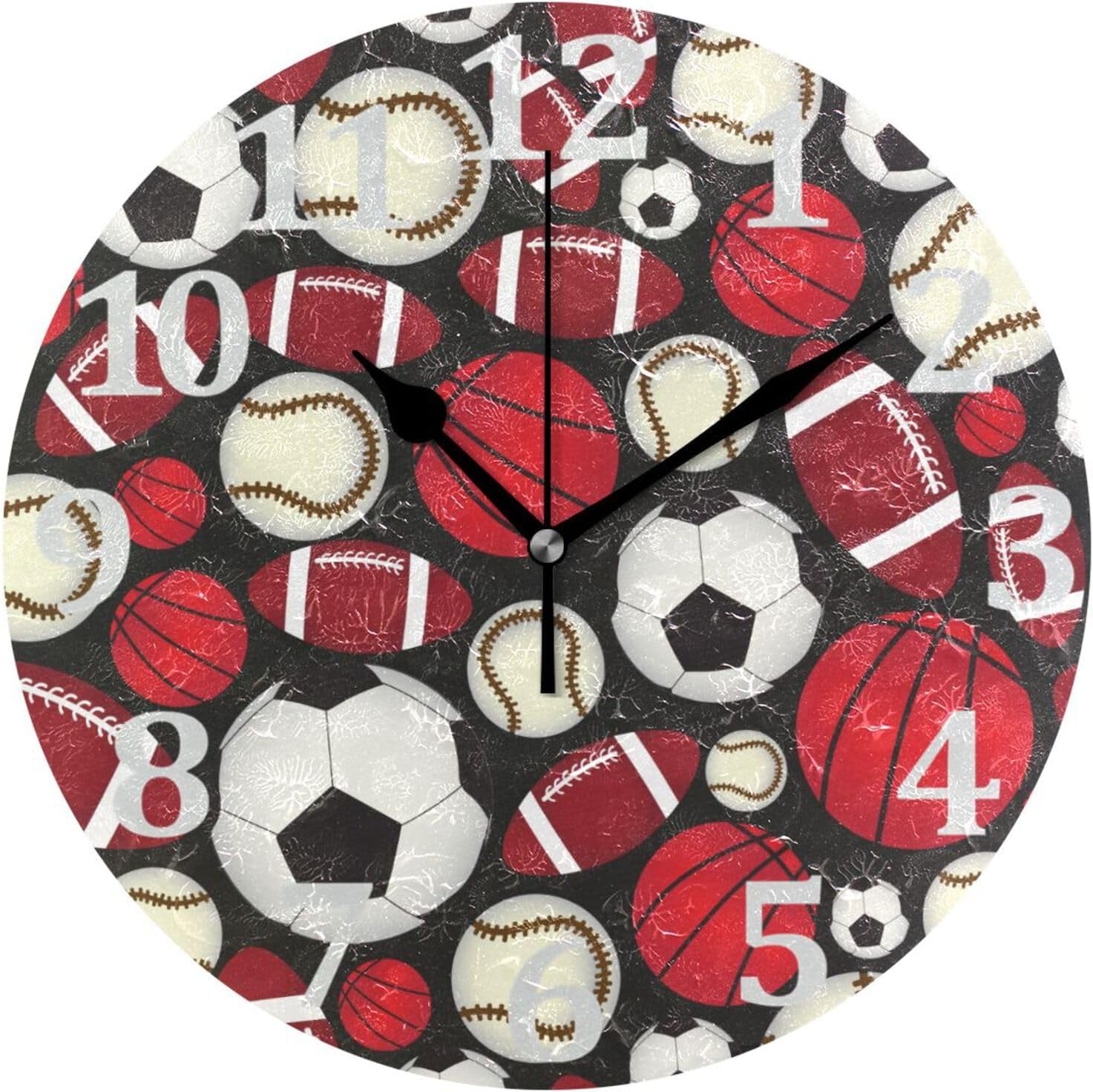 Basketball Football Soccer Baseball Wall Clock Round Vintage Silent Non ...
