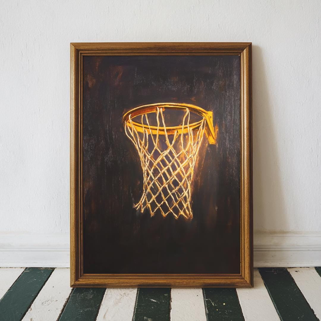 Basketball Hoop Art Print, Vintage Sports Poster, Glowing Basketball ...