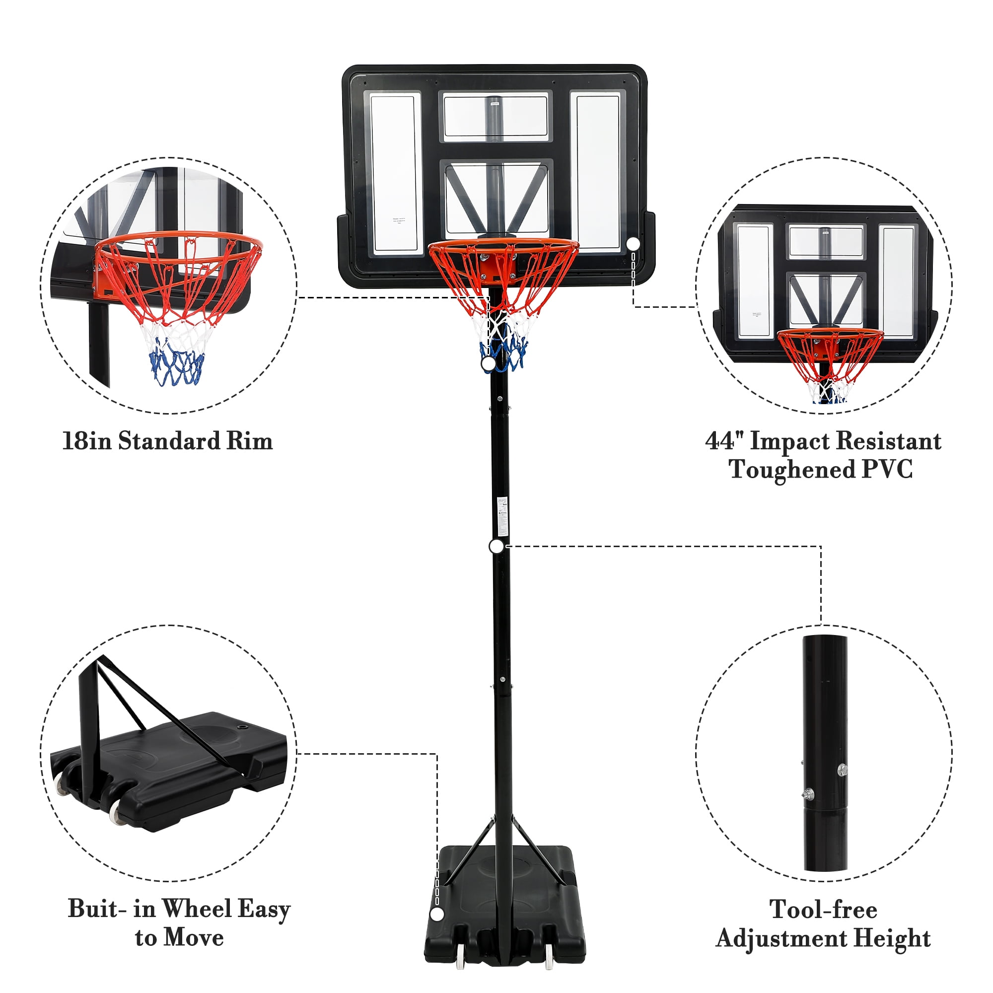 Basketball Hoop Outdoor 5.2-10FT, 44Inch Outdoor Basketball Hoop with ...